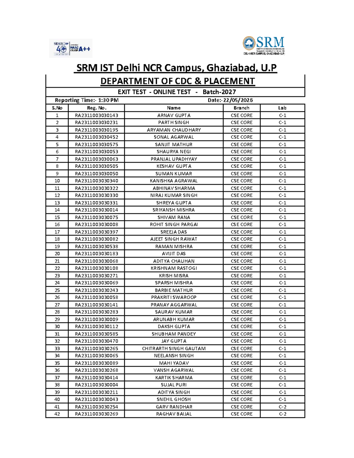 SRM IST CSE CORE Placement Exit Test 2027 - Online Report - Studocu