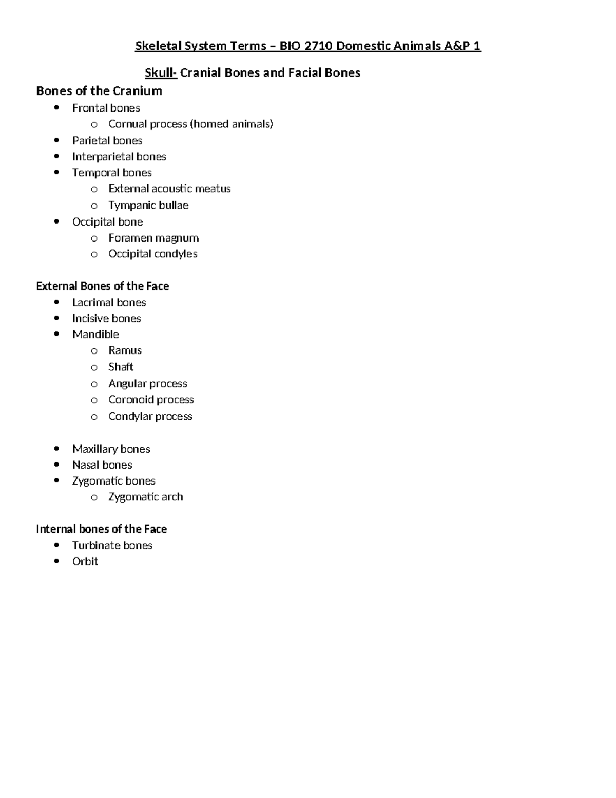 Skeletal System Terms BIO 2710: Cranial & Facial Bones Overview - Studocu