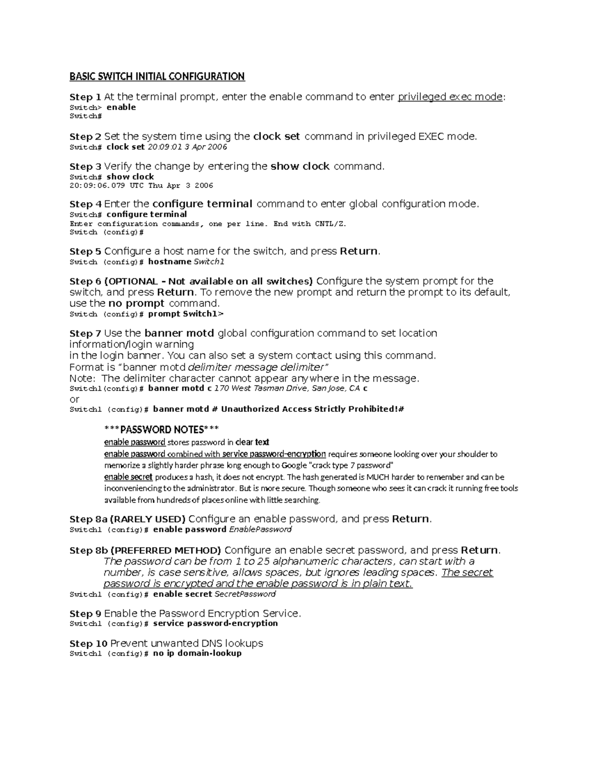 Cisco Switch - STEP BY STEP - BASIC SWITCH INITIAL CONFIGURATION Step 1 ...