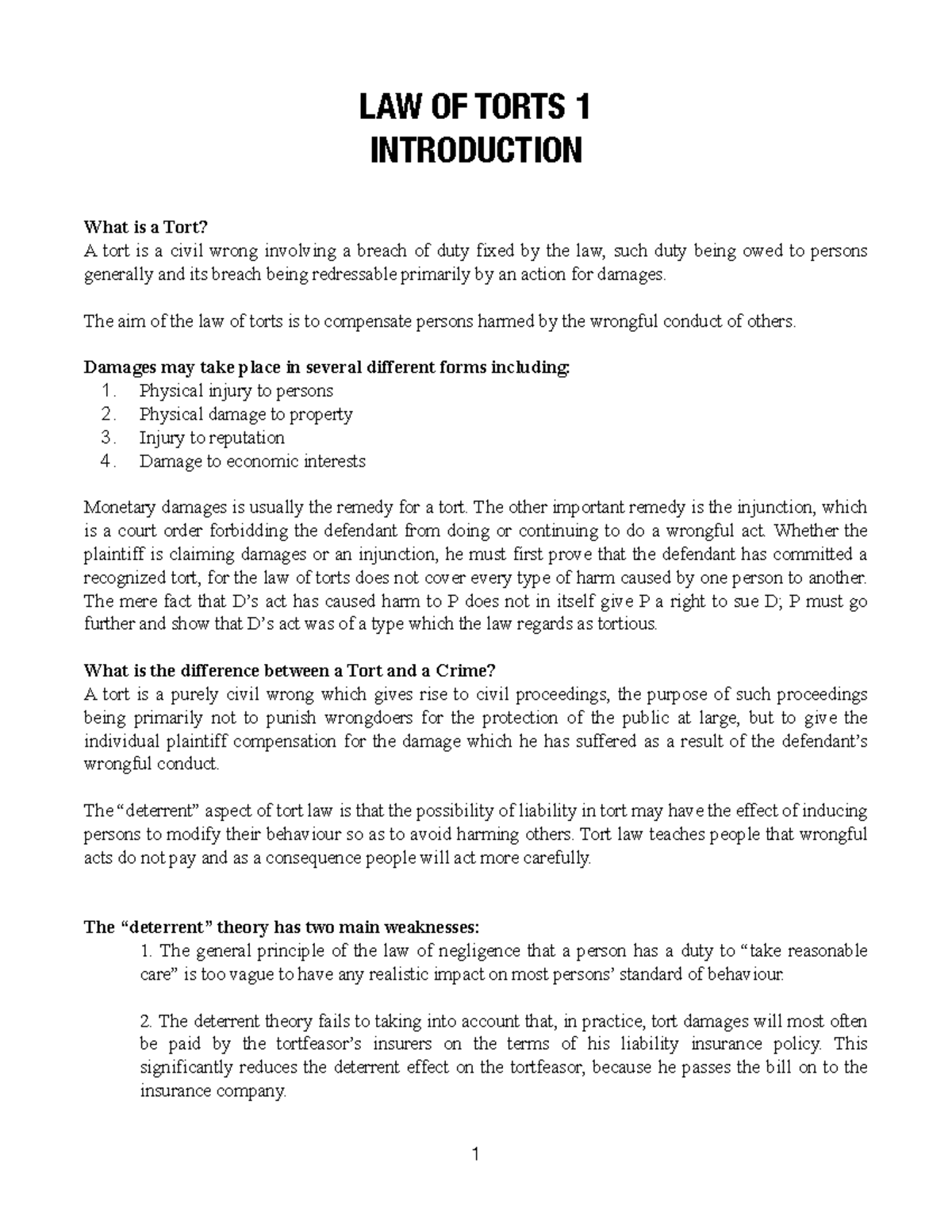 Law of Torts I Notes [144] - LAW OF TORTS 1 INTRODUCTION What is a Tort ...