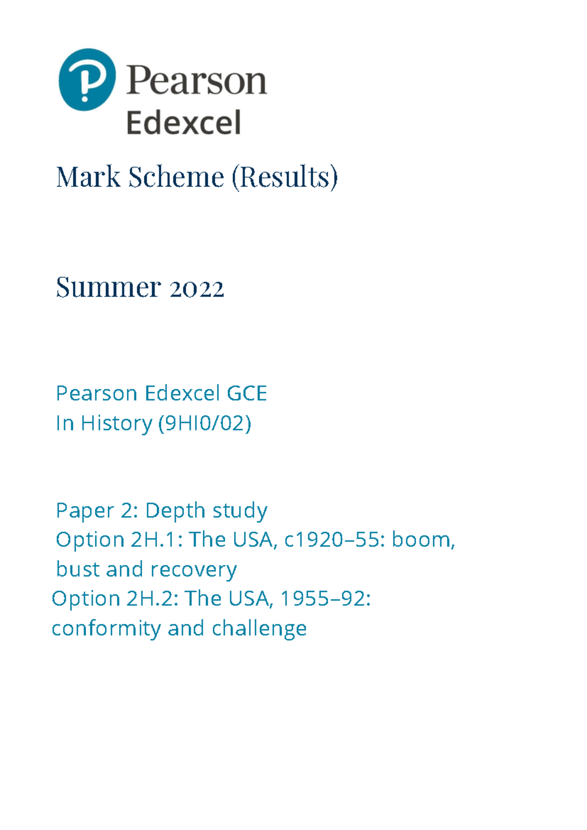 USA 1 MS - Mark Scheme for History Depth Study Paper 2 - Studocu