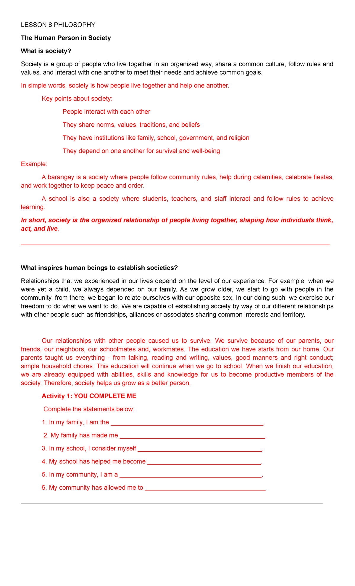 Lesson 8: The Human Person in Society - Key Concepts and Activities ...