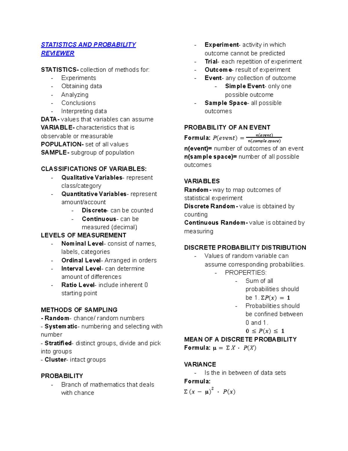 Statistics and Probability (Final Exam) Reviewer Guide - Studocu