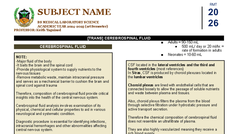 CSF Analysis and Physiology: Insights for BS MLS 1st Sem - Studocu