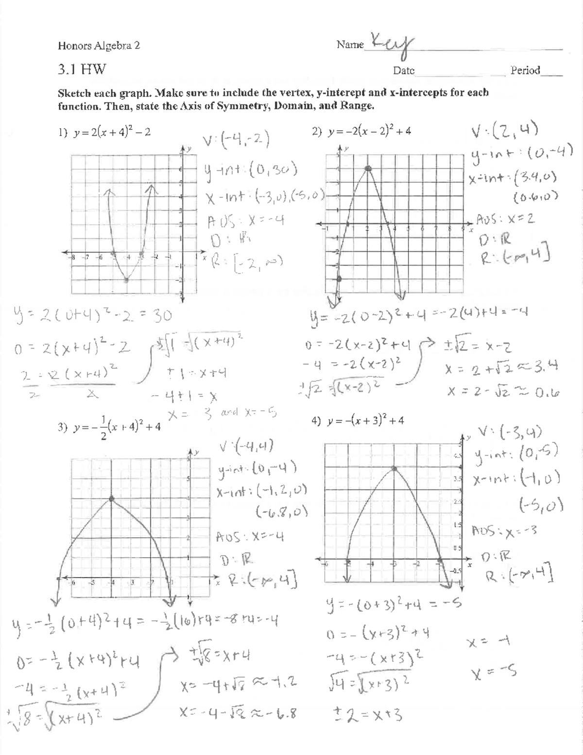 Honors Algebra 2 (H2) 3.1 Homework Key: Graphing Functions - Studocu