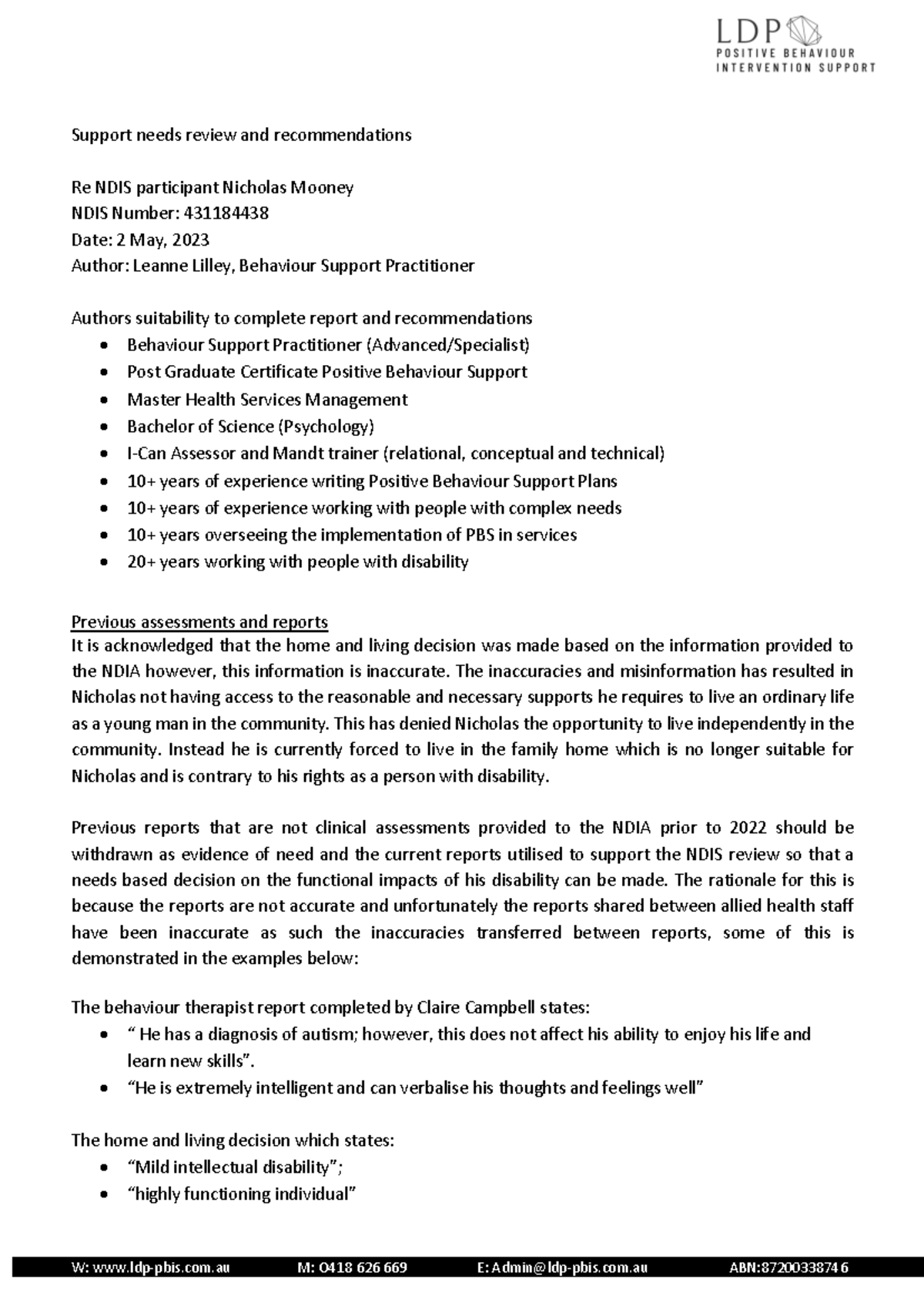 Support Needs Assessment for Nicholas Mooney (NDIS Review) - May 2023 ...
