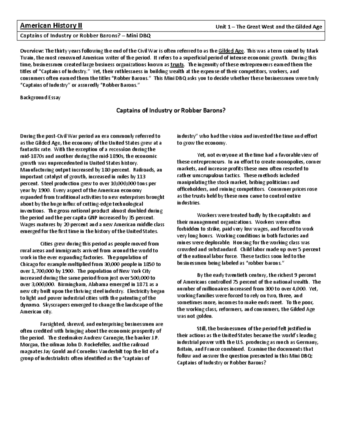 Captains of industry dbq 1 - American History II Unit 1 – The Great ...