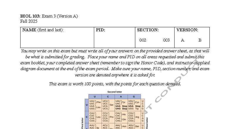 BIOL 103: Exam 3 Practice (Version A) Fall 2025 - Studocu