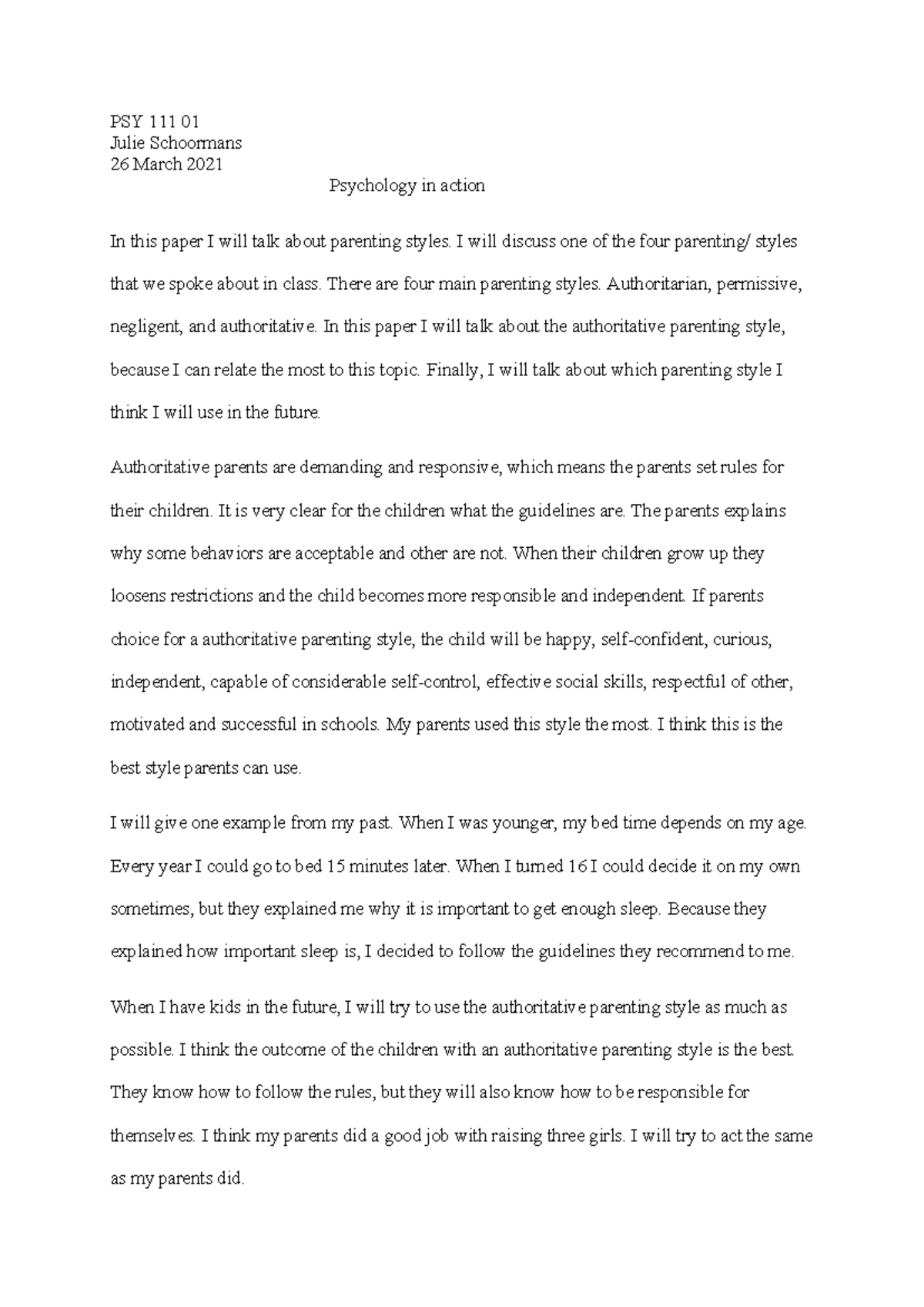 PSY 01 Parenting Styles: Authoritative Approach Analysis - Studocu