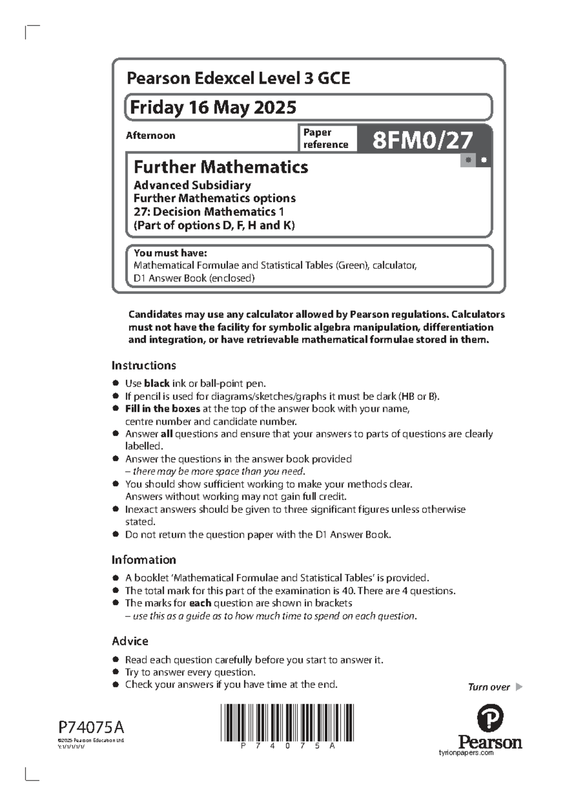 8FM0 27 Decision Mathematics 1 Final Exam Paper - May 2025 - Studocu