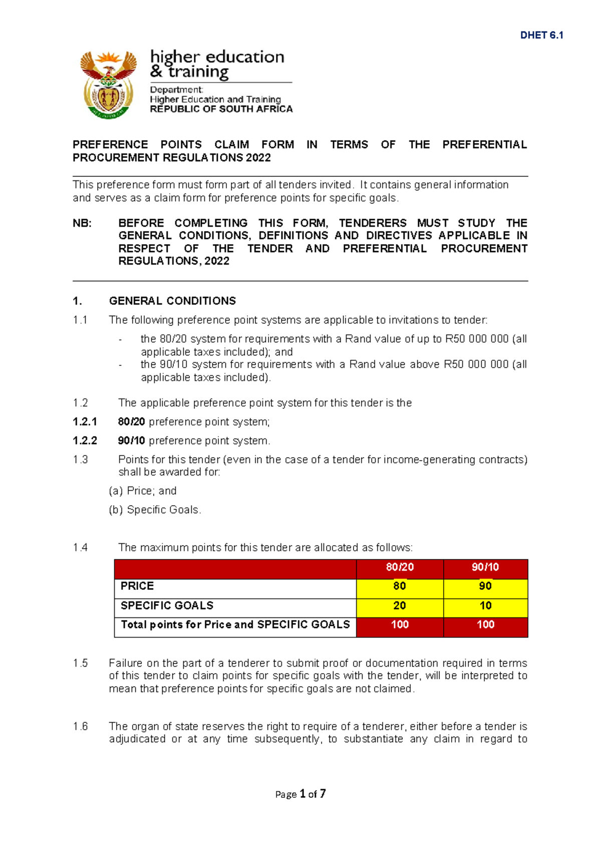 DHET 6: Preference Points Claim Form for Tendering (PPPR 2022) - Studocu