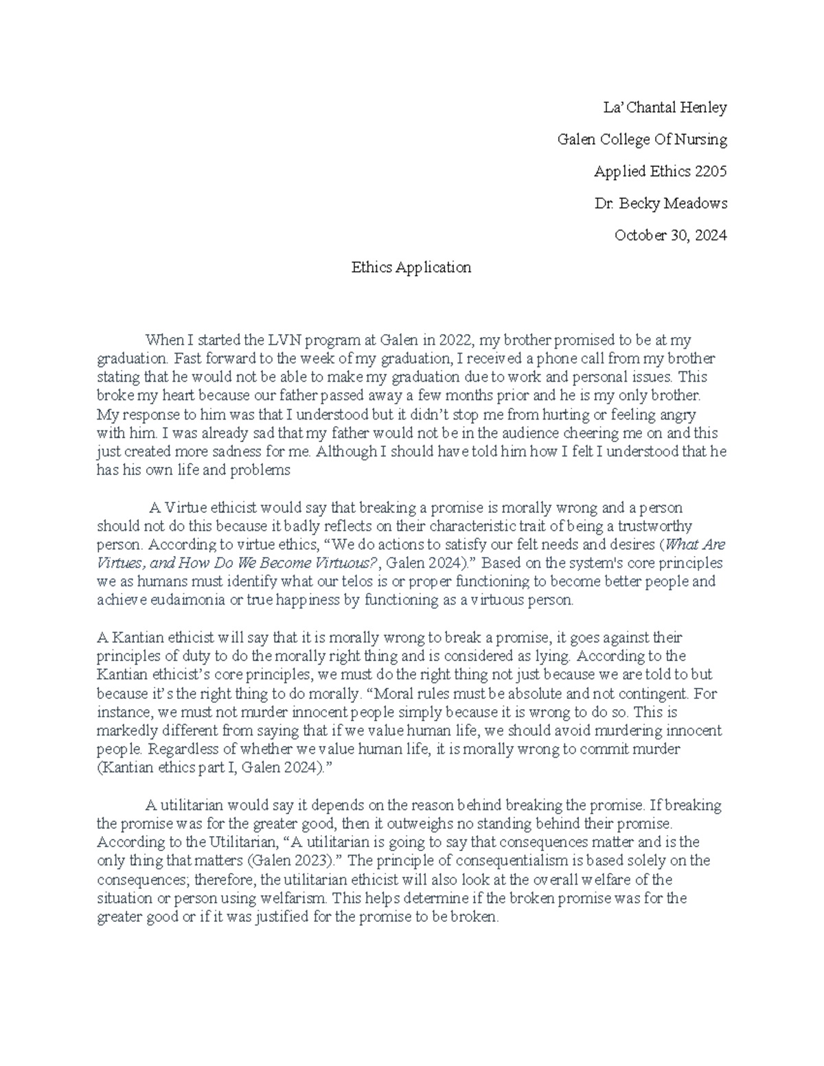 Ethics Application - La’Chantal Henley Galen College Of Nursing Applied ...