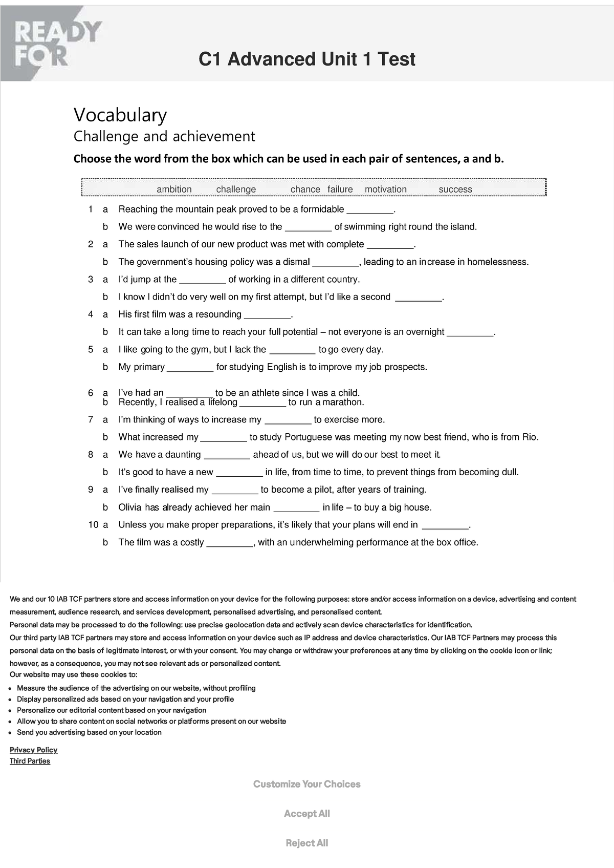 C1 Advanced Unit 1 Test: Vocabulary, Word Formation, and Reading - Studocu
