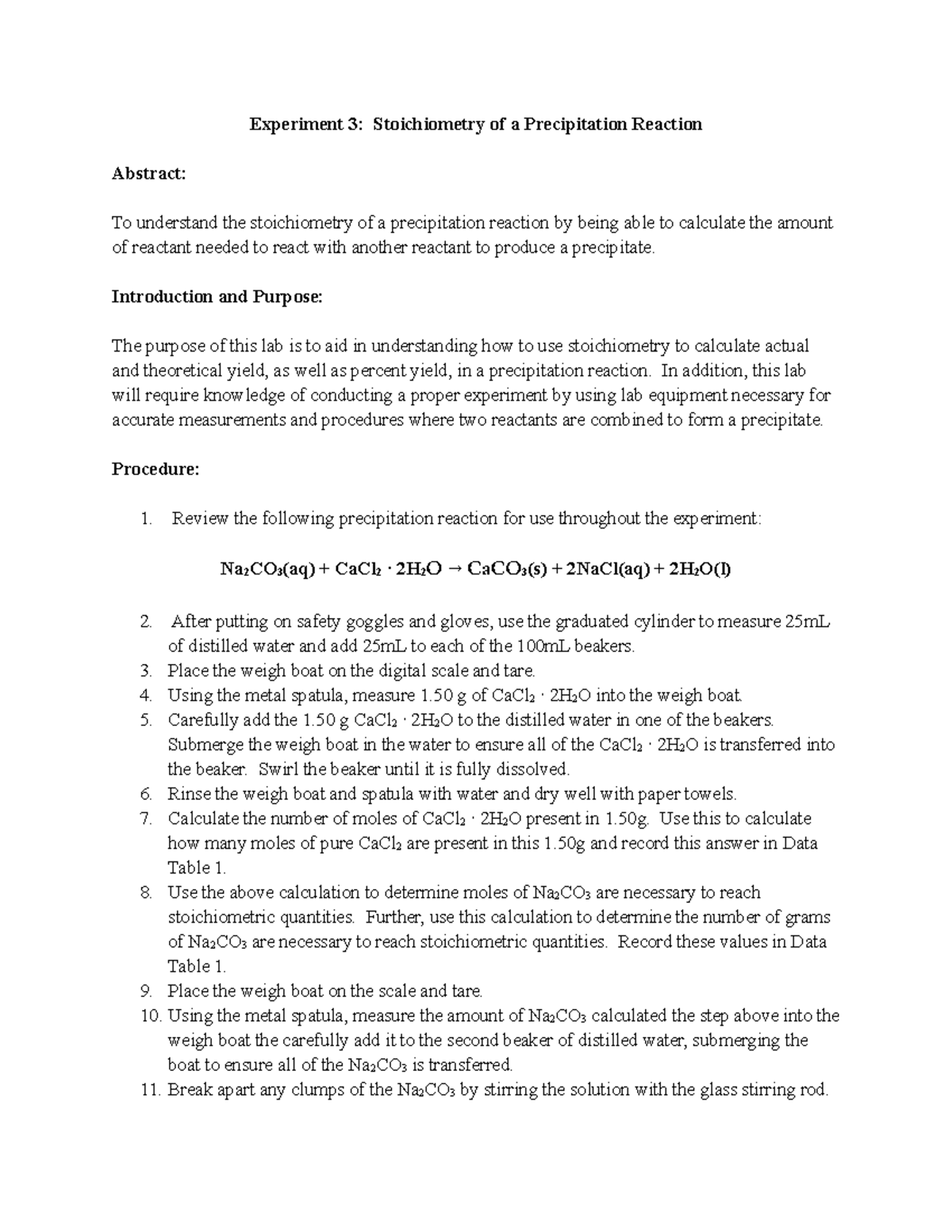 Stoichiometry in Precipitation Reactions: Experiment 3 Notes - Studocu