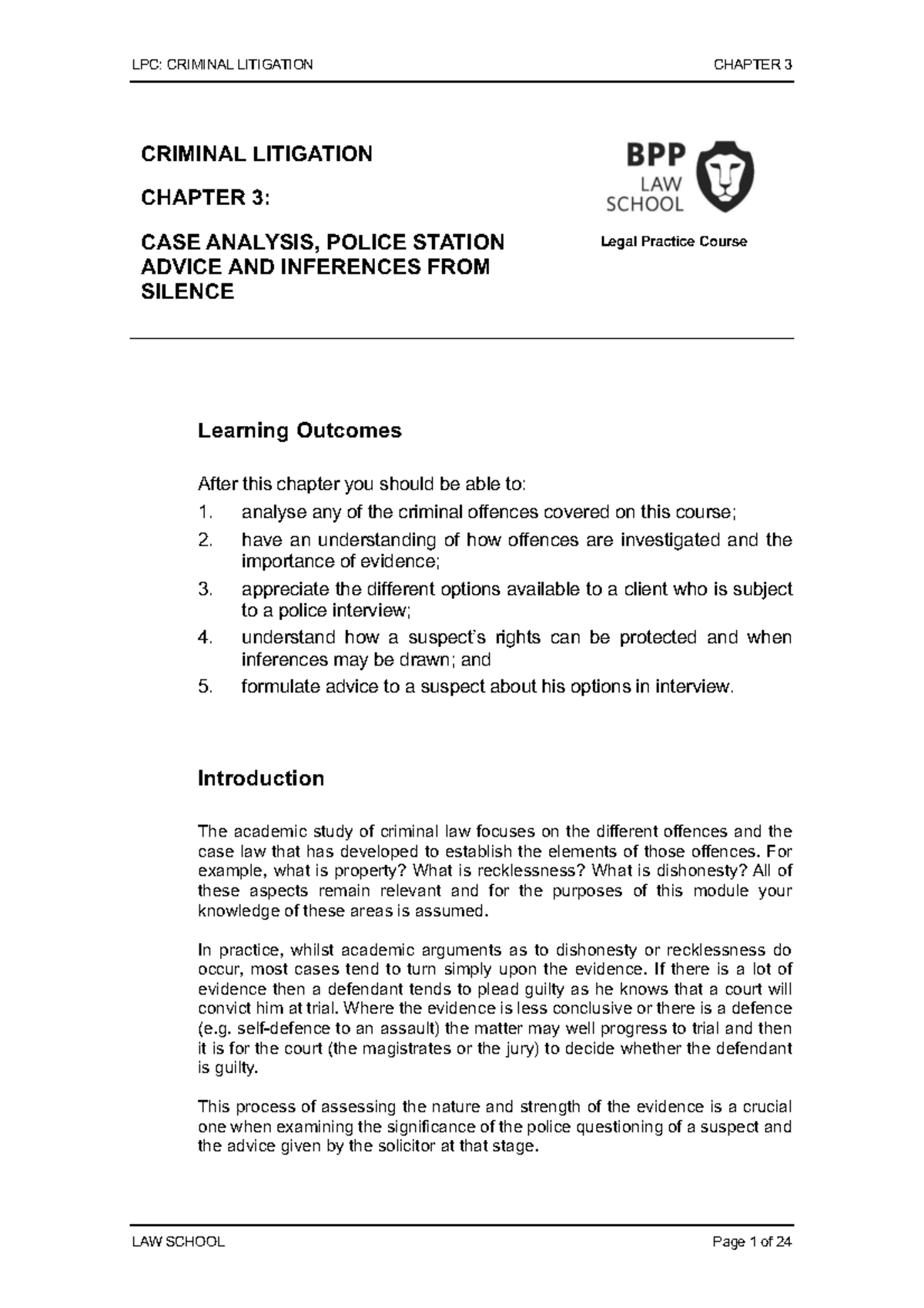 LPC: CRIMINAL LITIGATION CHAPTER 3 - CASE ANALYSIS & POLICE ADVICE ...