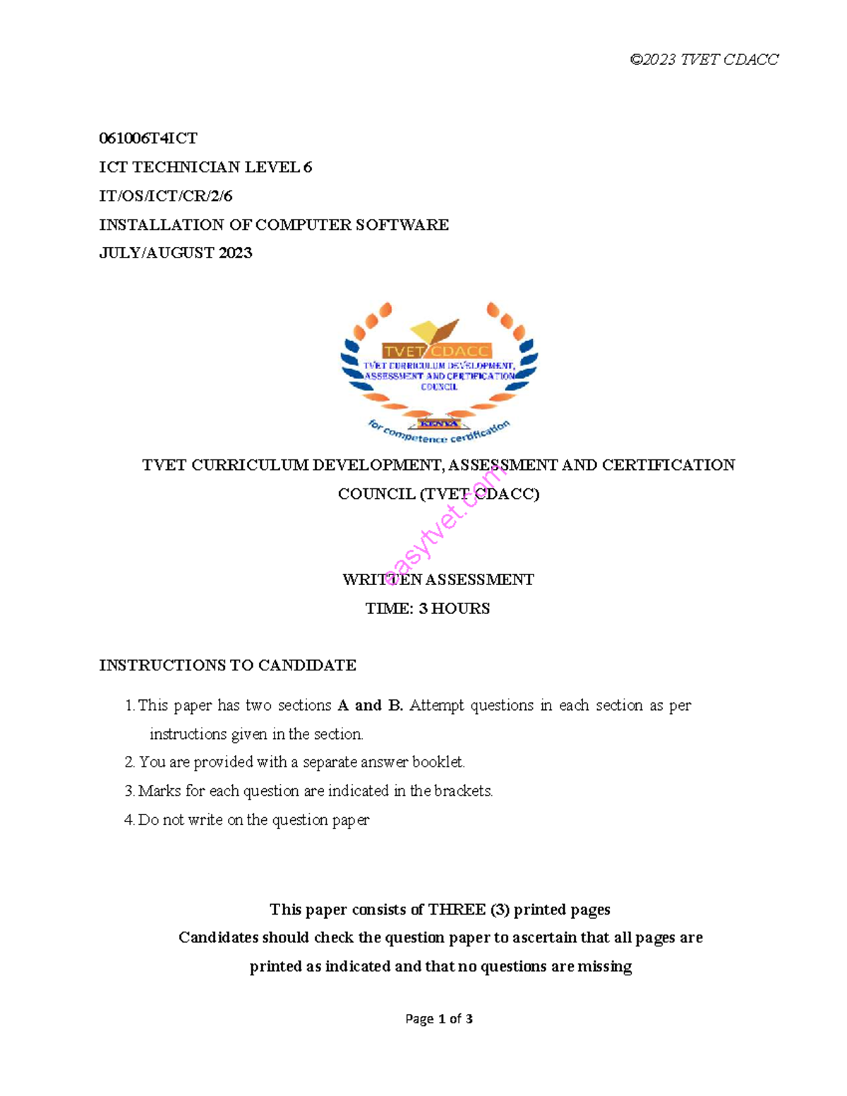 ICT Technician Level 6 Written Assessment Past Paper (061006T4ICT ...