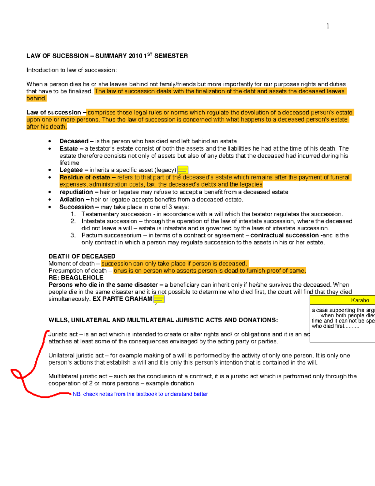 Summary - law of sucession - LAW OF SUCESSION – SUMMARY 2010 1ST ...