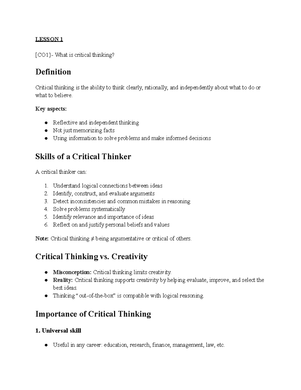 Philosophy 1230A: Lesson 1 & 2 - Understanding Critical Thinking and ...
