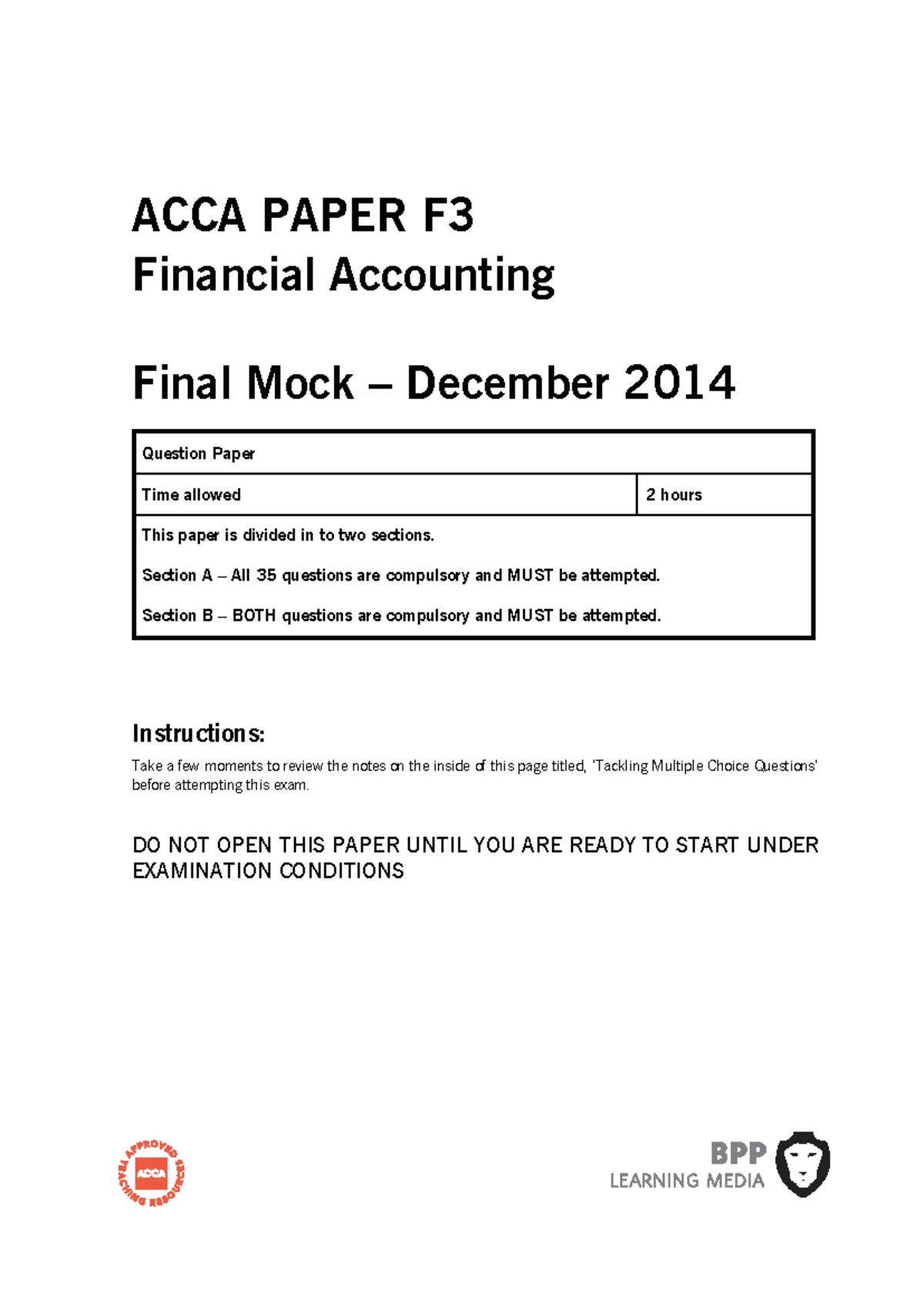 Questions - Question - 1 Questions 2 ACCA examiner's answers The ACCA ...