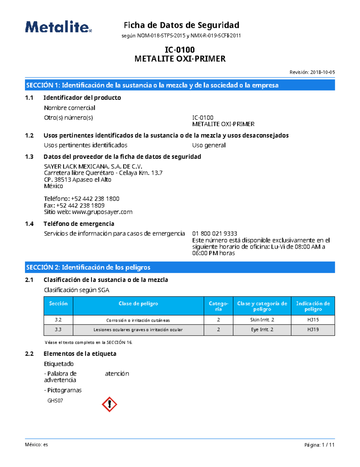 Ficha de Datos de Seguridad METALITE - OXI- Primer - Studocu