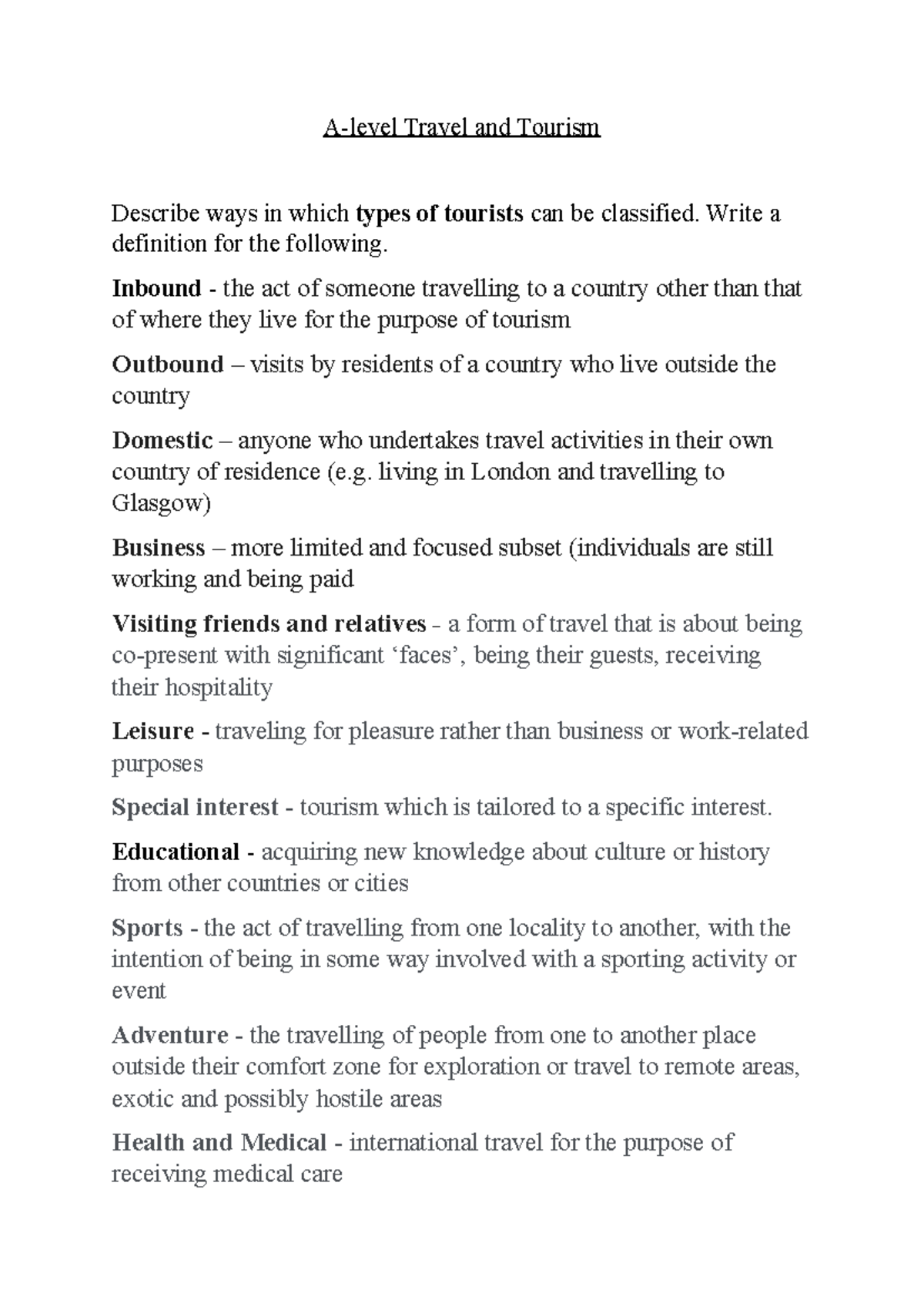 A-level Travel and Tourism: Classifying Types of Tourists - Studocu