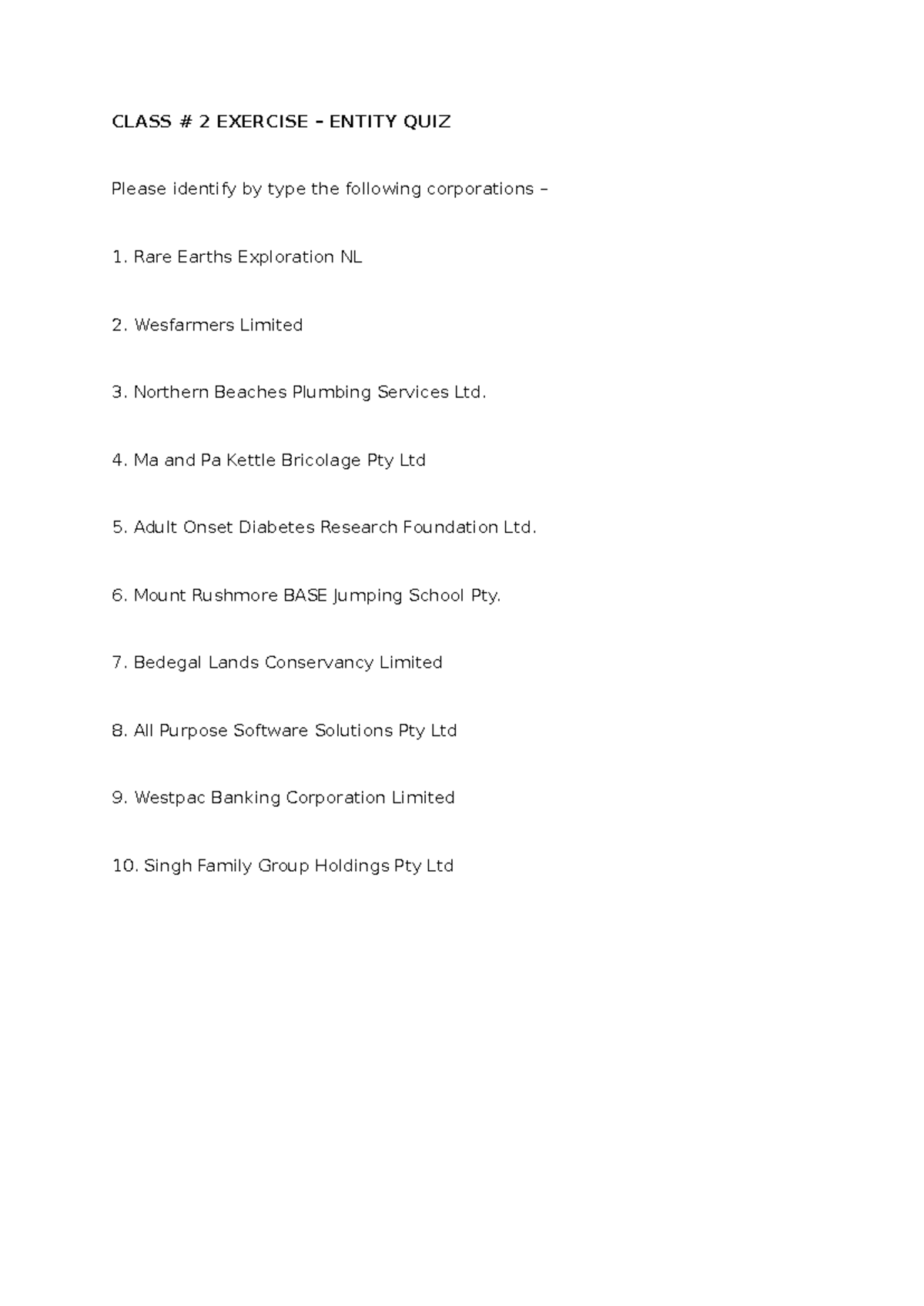 BA T1 2025 Class # 2 Exercise - LAWS1091 - CLASS # 2 EXERCISE – ENTITY ...