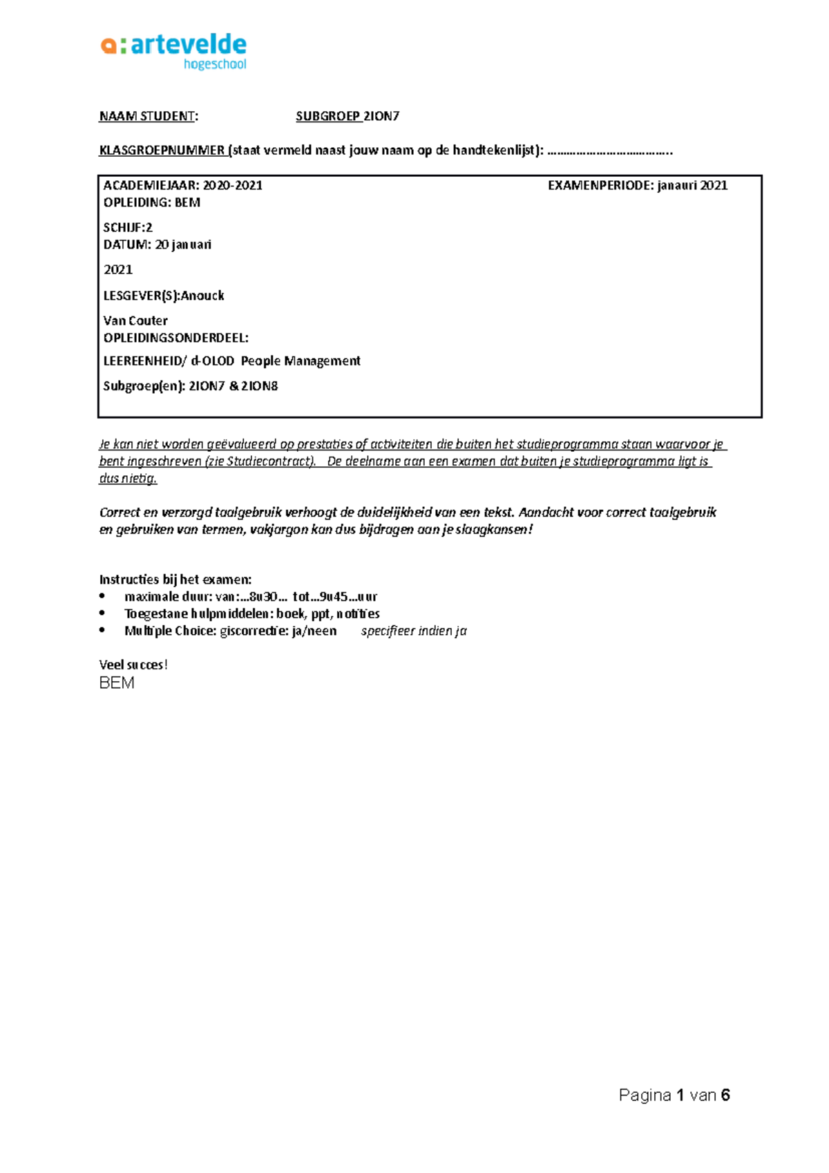 Examen BEM 2ION: People Management Versie 2 - Januari 2021 - Studocu