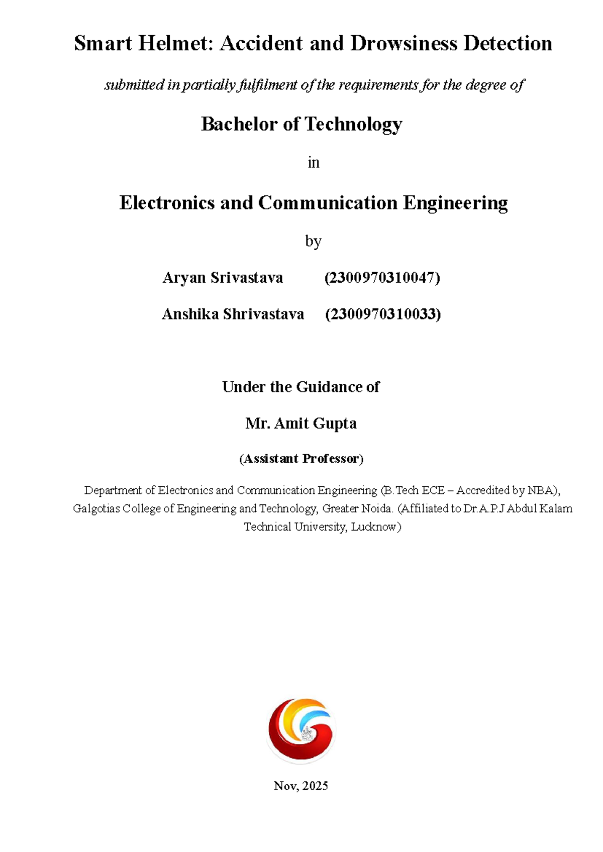 Smart Helmet: Accident & Drowsiness Detection (B.Tech ECE Project) - Studocu