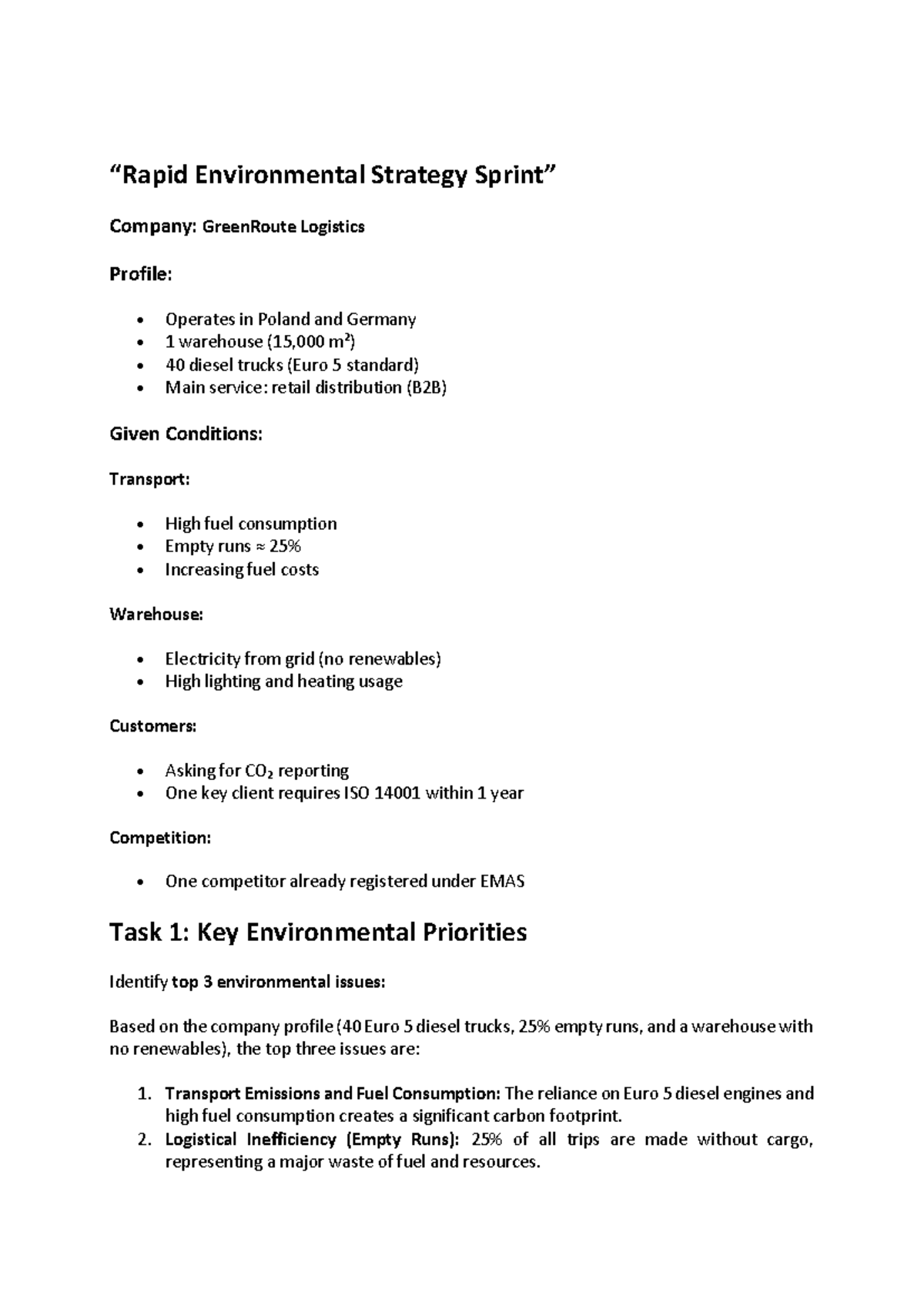 Environmental Strategy Analysis: GreenRoute Logistics (Task 4) - Studocu