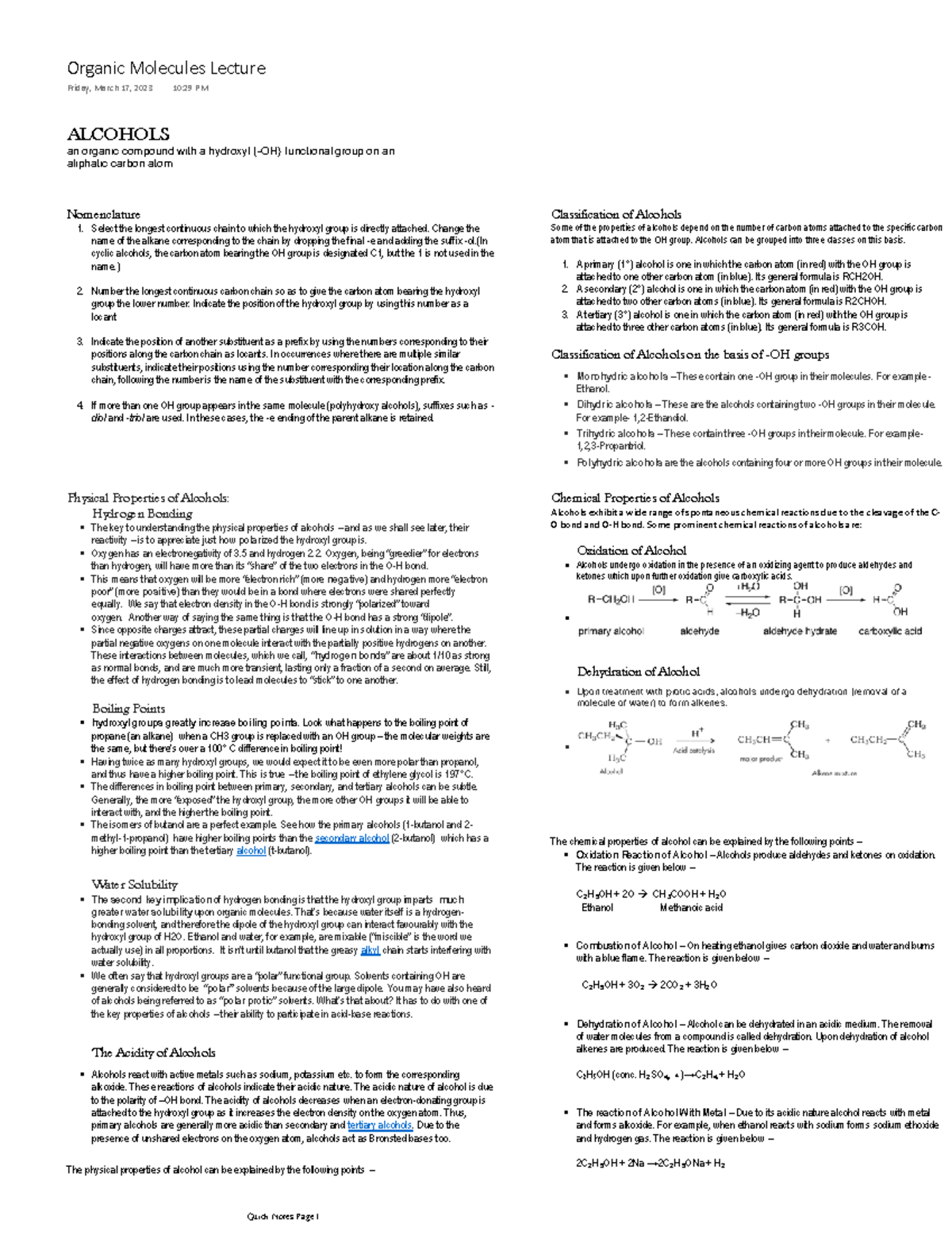 Understanding Alcohols: Structure, Properties, and Reactions - Studocu
