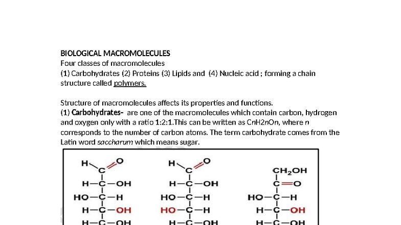 BIO 101: Notes on Biological Macromolecules and Their Functions - Studocu