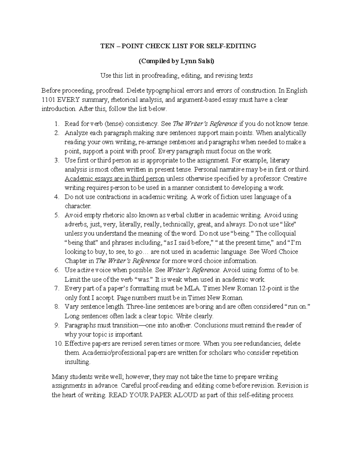 TEN Points - point check list for self editing - TEN – POINT CHECK LIST ...