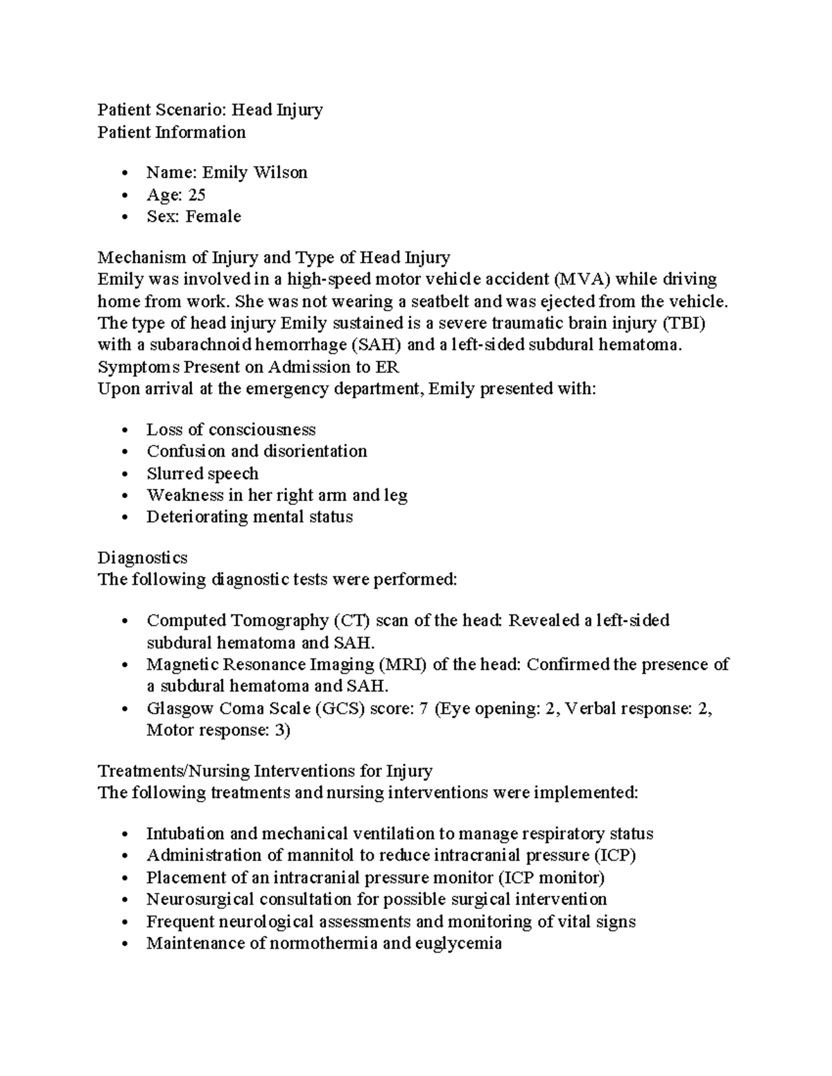 Patient Scenario: Severe Head Injury Management - Emily Wilson Case ...
