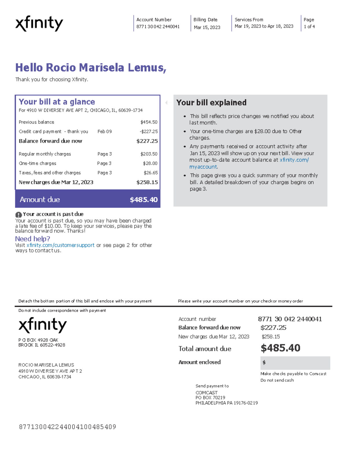 Xfinity 2023 Bill Statement for Rocio Marisela Lemus - Charges Summary ...