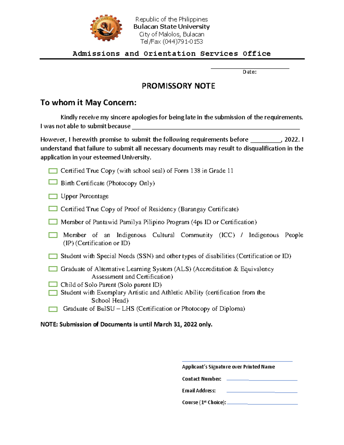 Promissory Note for Enrollment & Exam Permit Submission - BulSU - Studocu