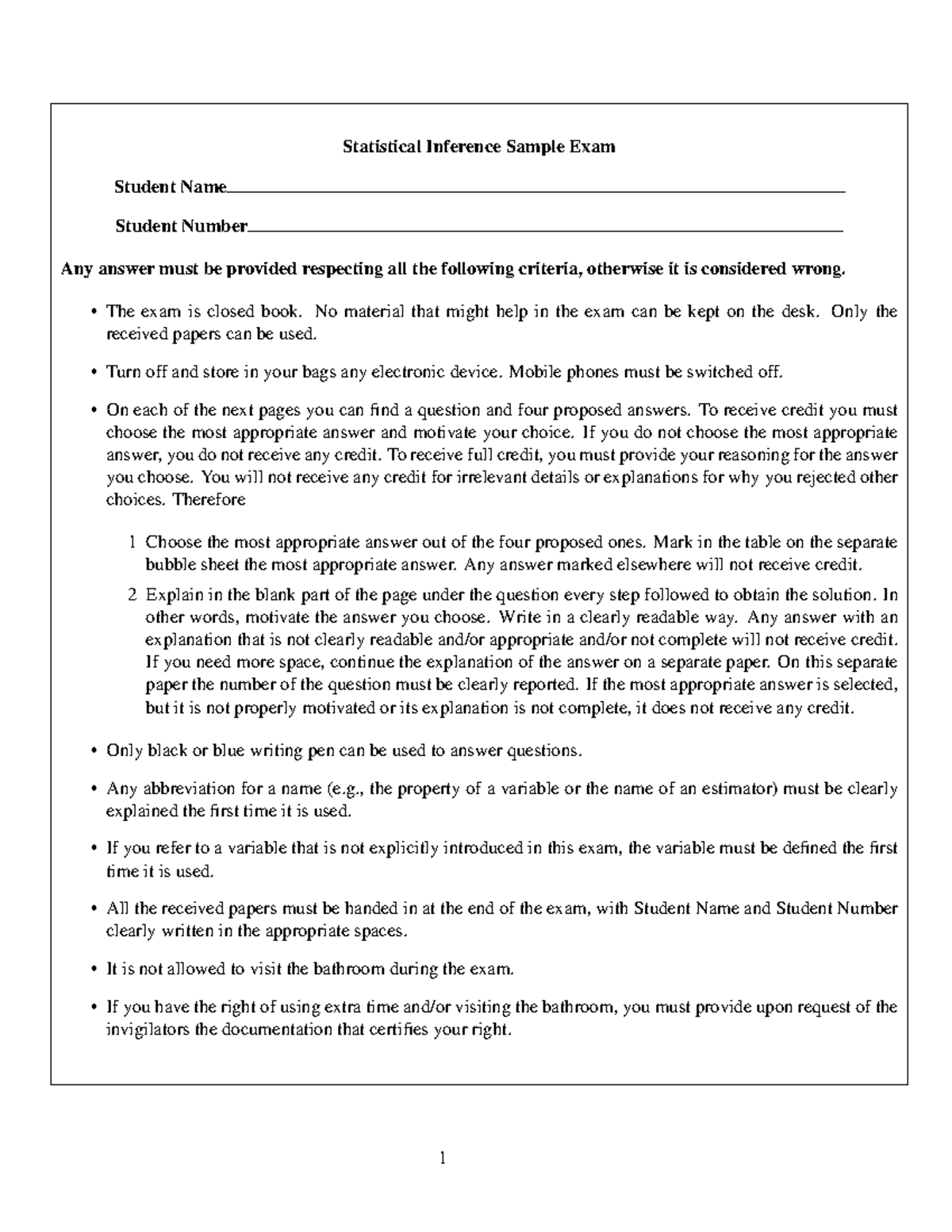 Statistical Inference Sample Exam 4: Questions & Answers (Oct 2014 ...