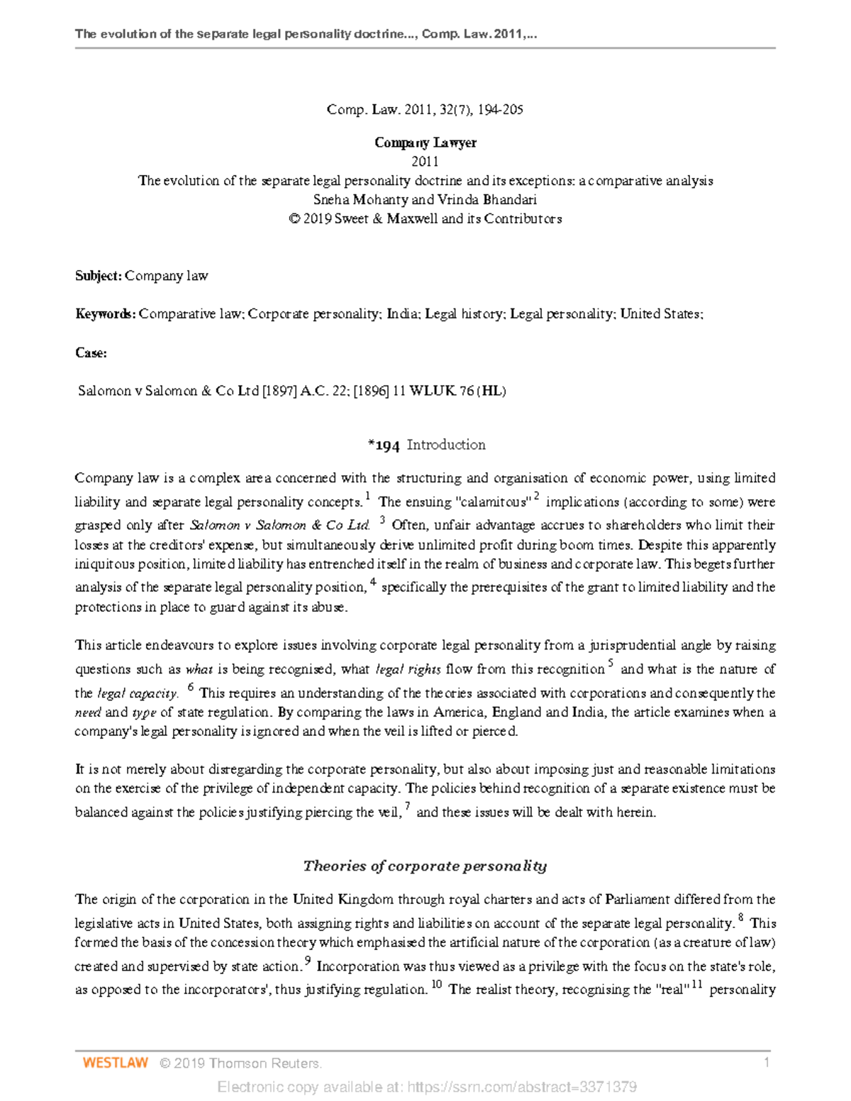 The Evolution of Separate Legal Personality Doctrine: A Comparative ...