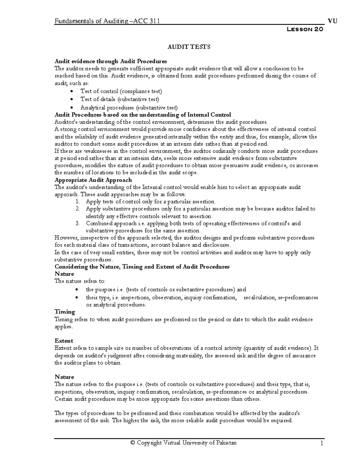 Fundamentals of Auditing 311 VU Lesson 20: Audit Tests & Evidence - Studocu