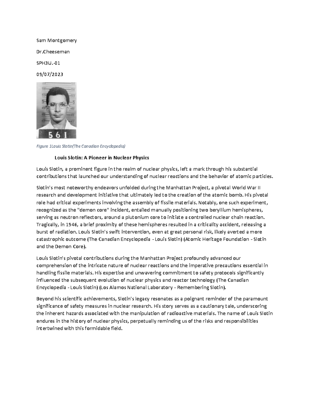 SPH3U: First Paper on Louis Slotin and Hubert Reeves in Physics - Studocu