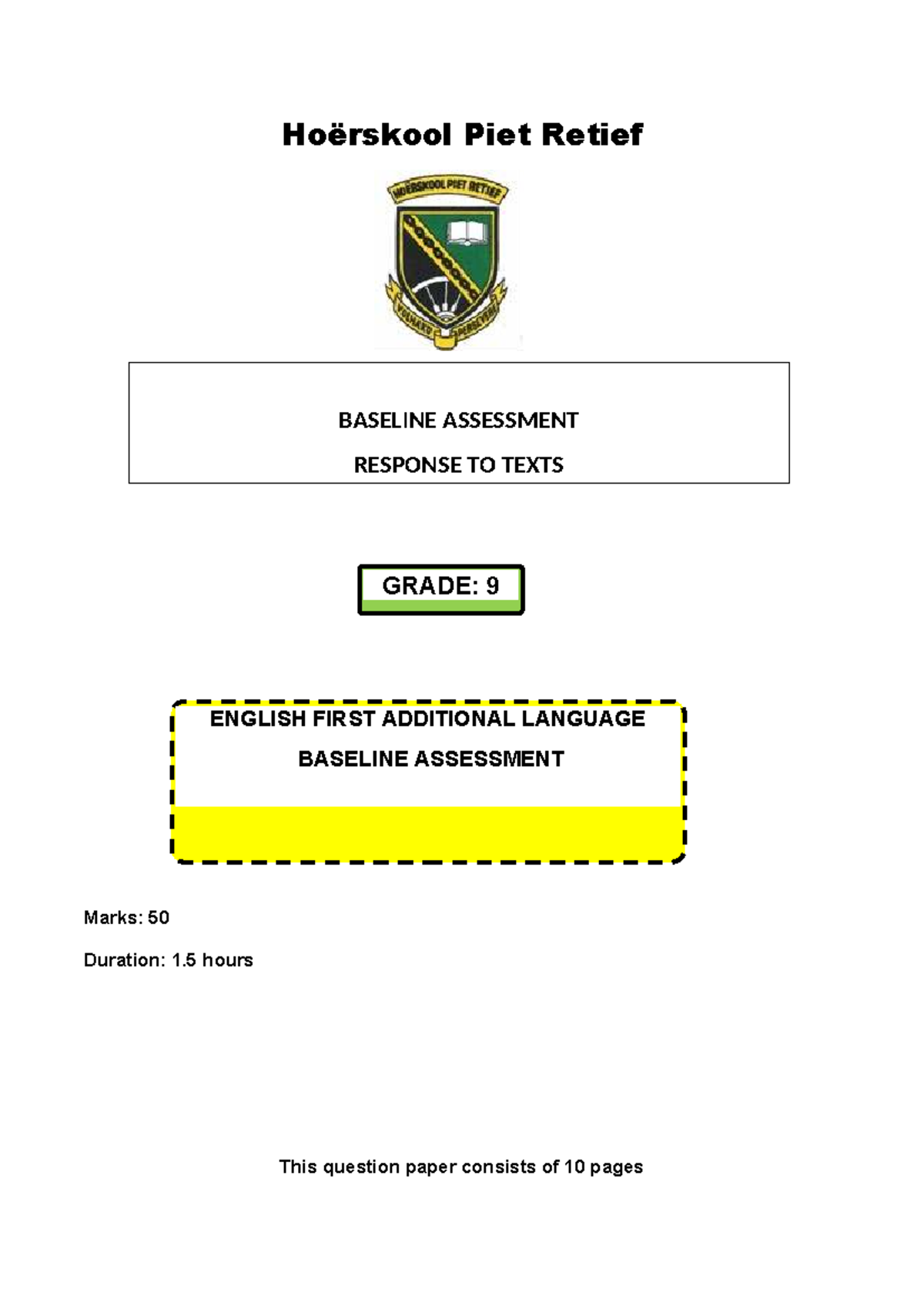 2025 EFAL Grade 9 Baseline Assessment Question Paper - Studocu