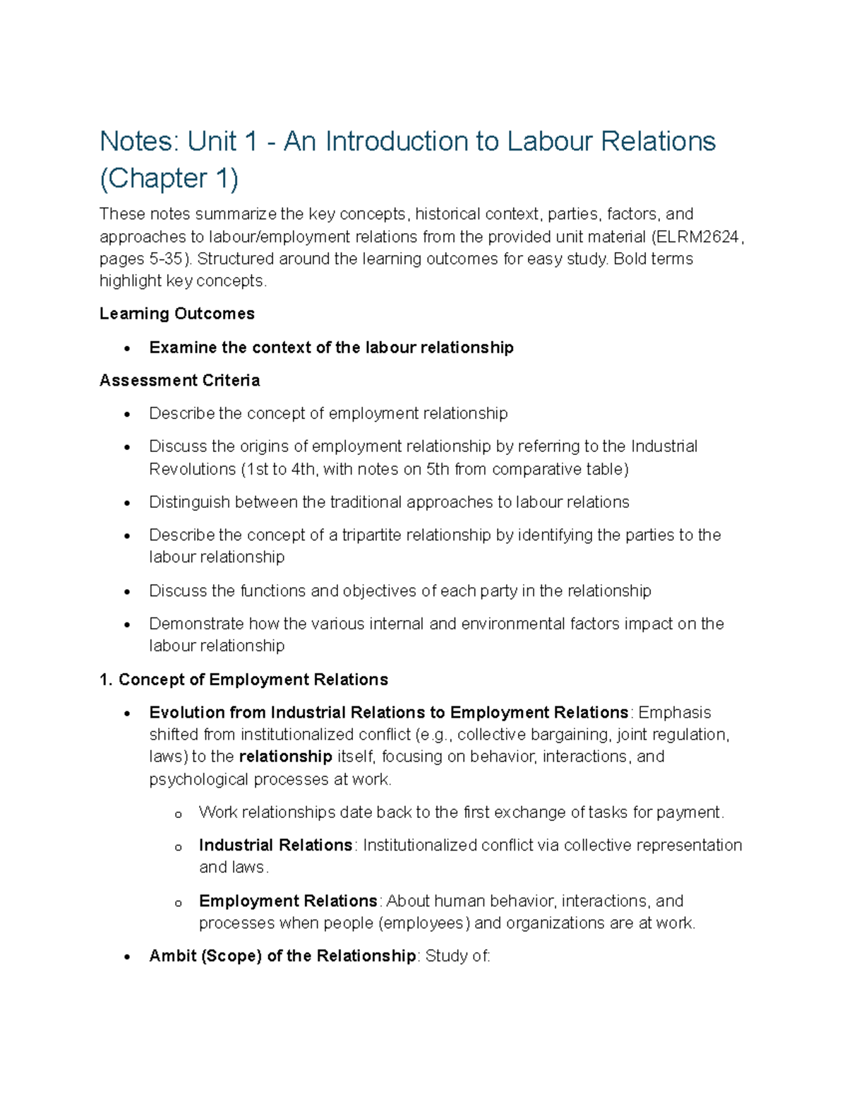 ELRM2624: Unit 1 Labour Relations Overview and Key Concepts - Studocu