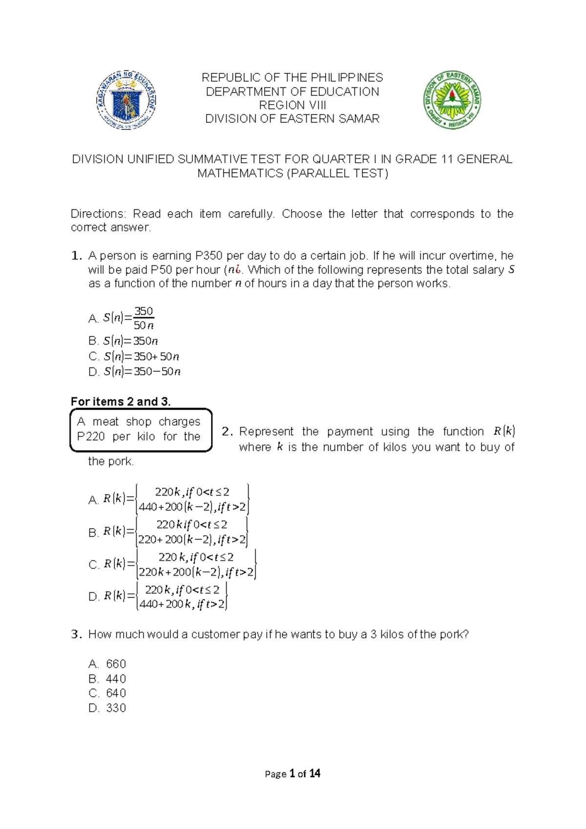 Unified Summative Test Q1: Grade 11 General Mathematics - Studocu