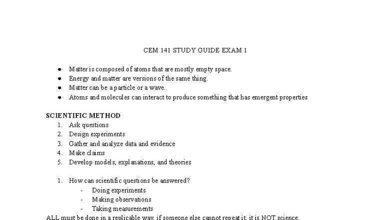 Chem exam 1 study guide - exam 1 help - CEM 141 STUDY GUIDE EXAM 1 ...