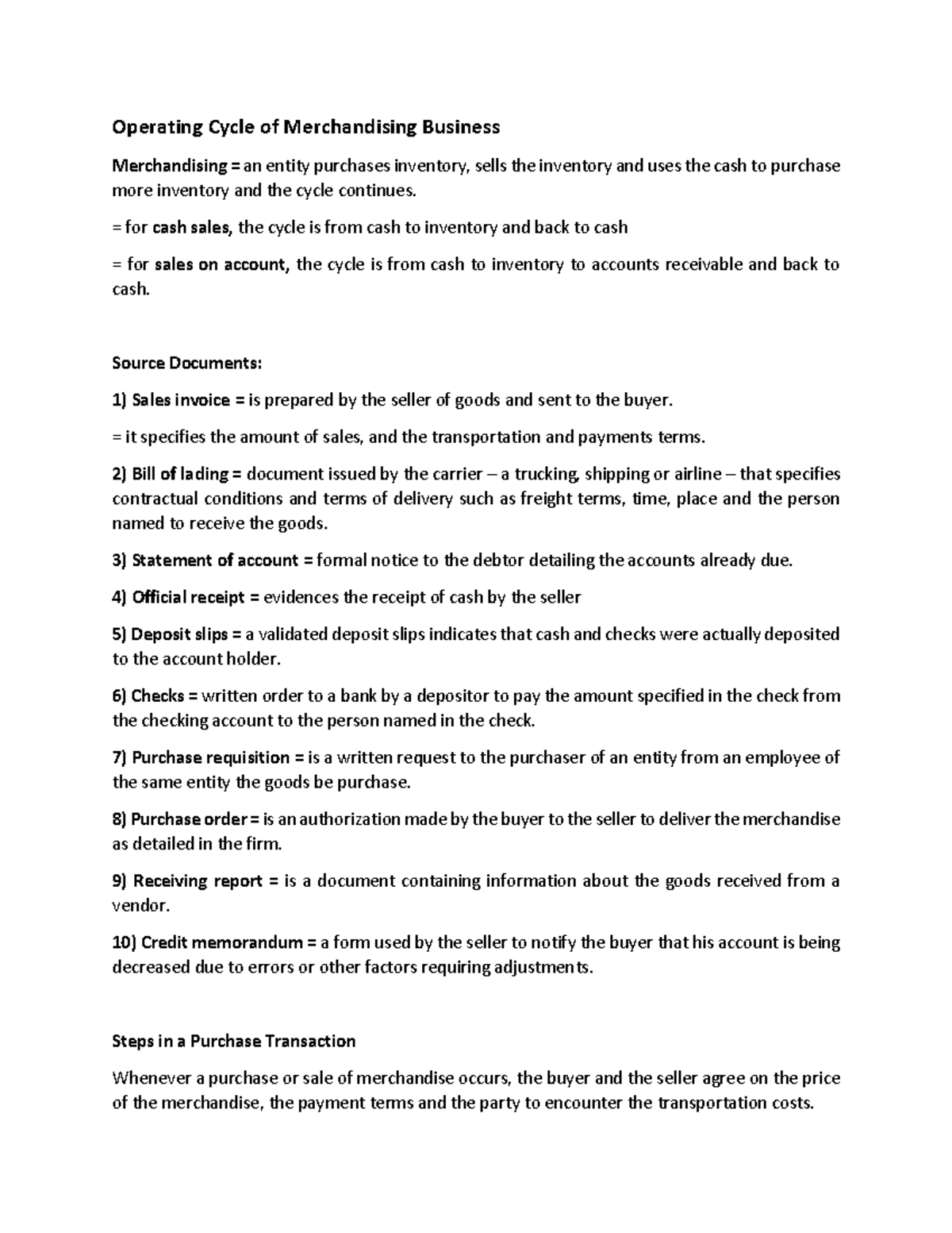 Merchandising Business Operating Cycle Overview and Procedures - Studocu