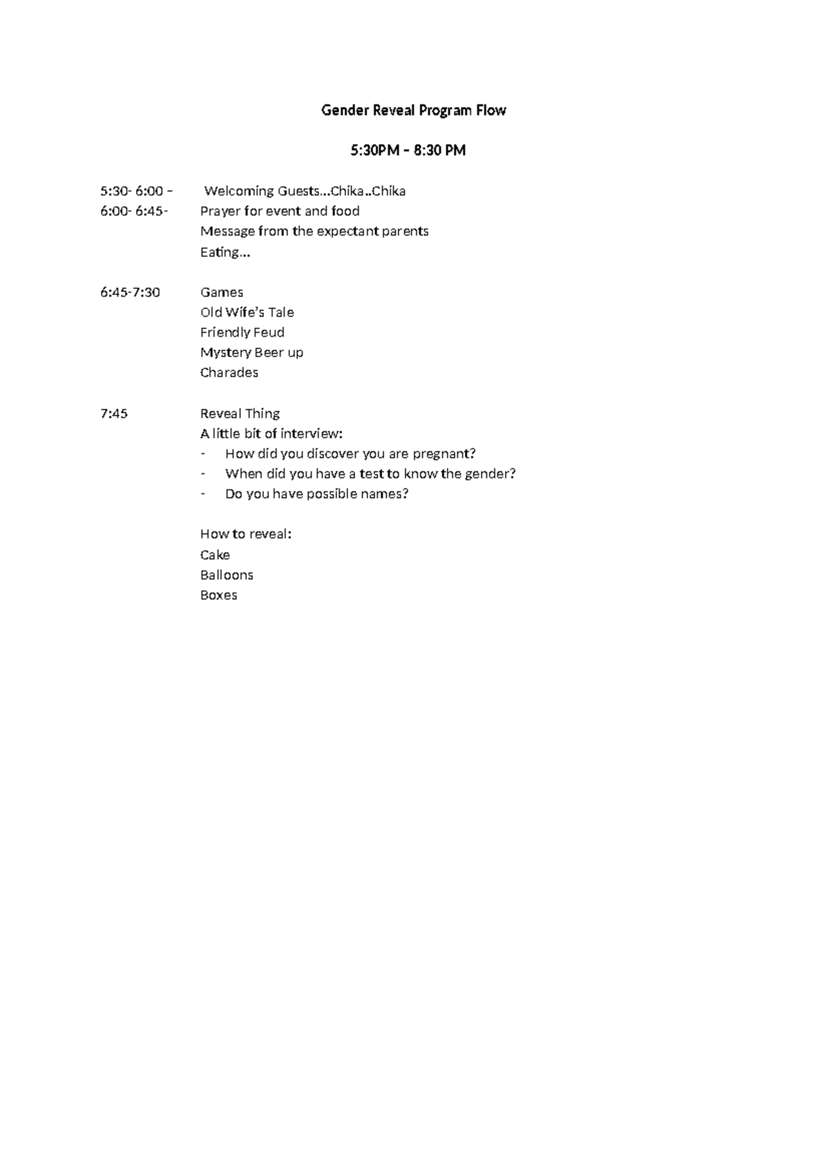 Gender Reveal Event Program Flow Overview - Studocu