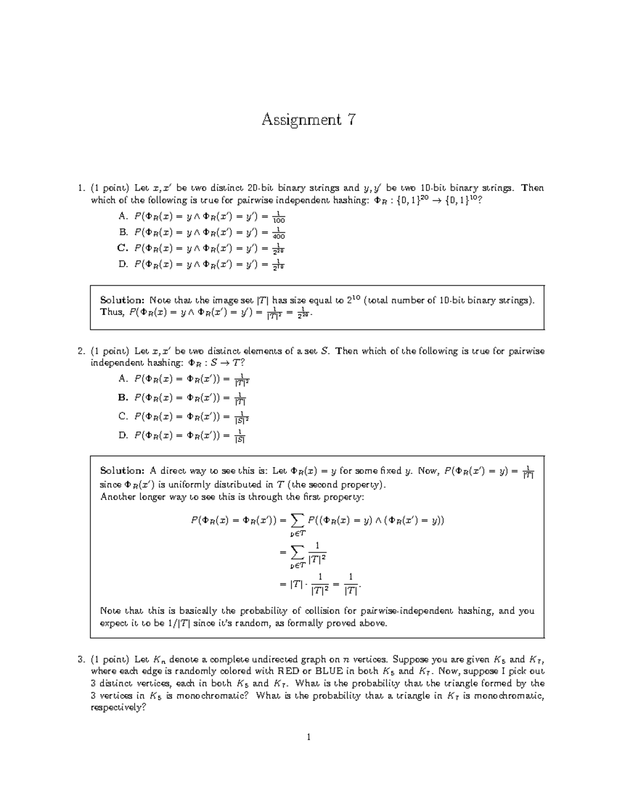 NPTEL CS Probability Assignment 7: Pairwise Independent Hashing ...