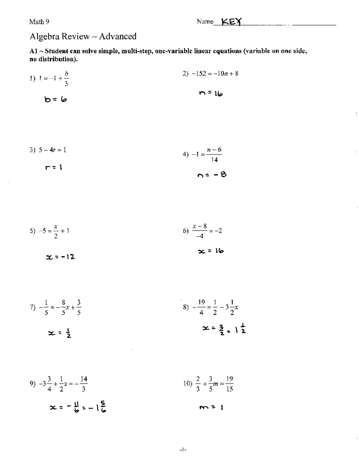 Math 9 Algebra Review Advanced Key: Solving Linear Equations - Studocu