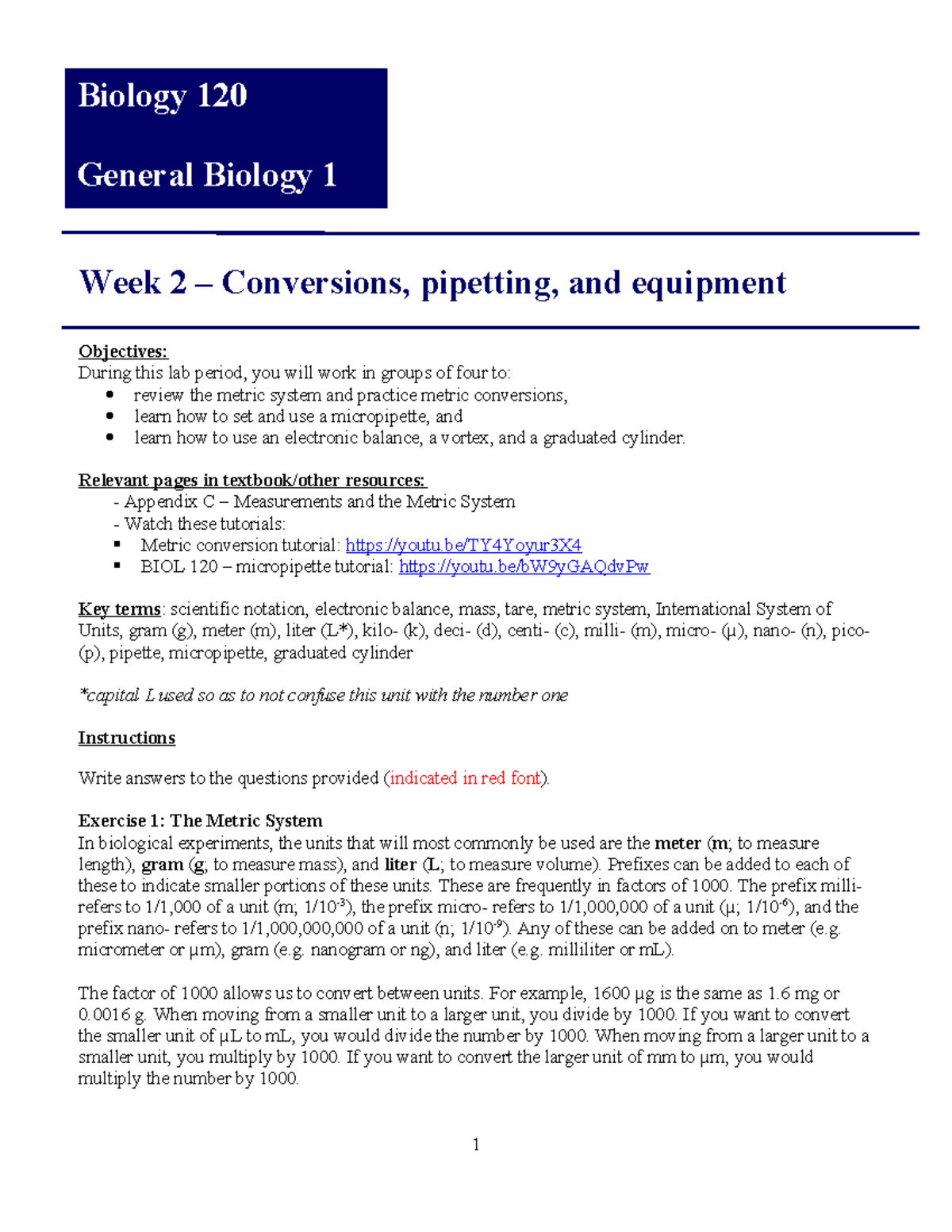 Biology 120 Lab Week 2: Metric Conversions & Pipetting Techniques - Studocu