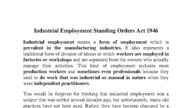 Role and Significance of Industrial Employment Standing Orders Act 1946 ...
