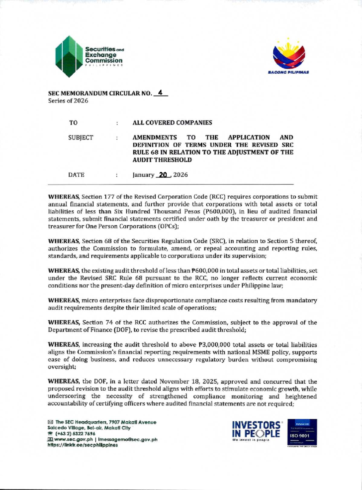 2026MC SEC-MC No. 4: Amendments to SRC Rule 68 Audit Threshold - Studocu